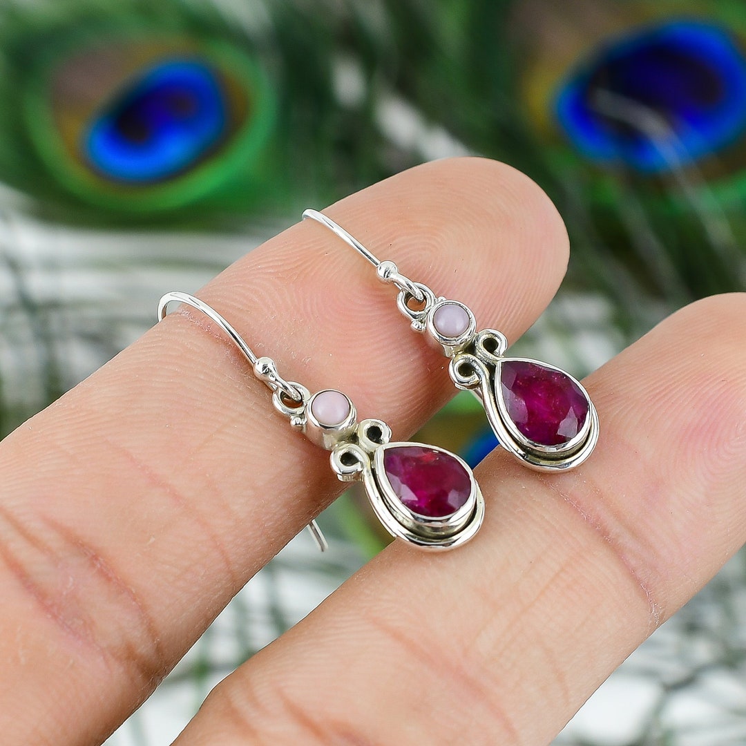 Kashmir Red Ruby Gemstone Earring, 925 Silver Earring, Handmade Earring ...