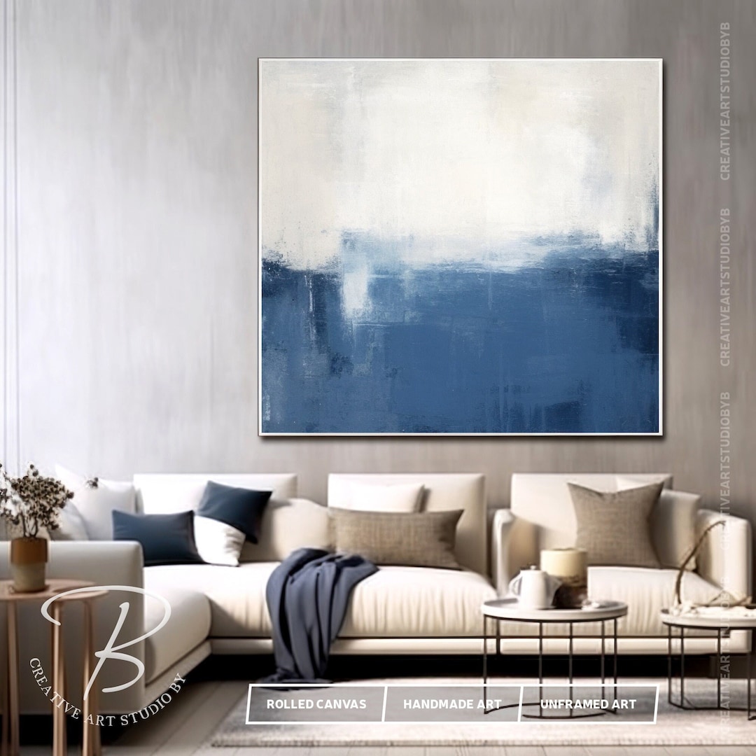 Blue & Grey Abstract Painting on Canvas, Large Contemporary Artwork on ...