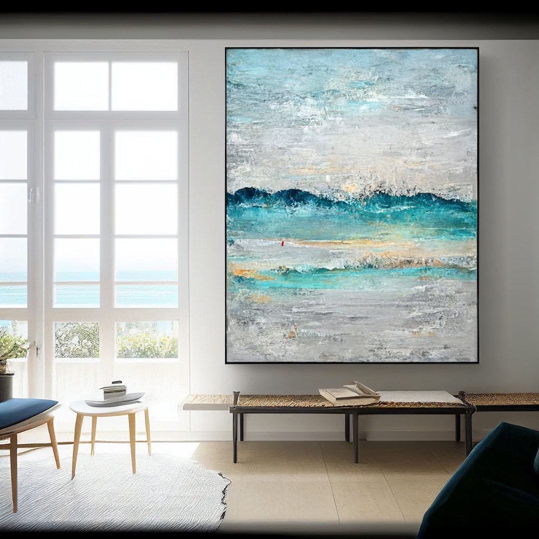 Turquoise Abstract Wall Art for Sale, Large Coastal Canvas Painting ...