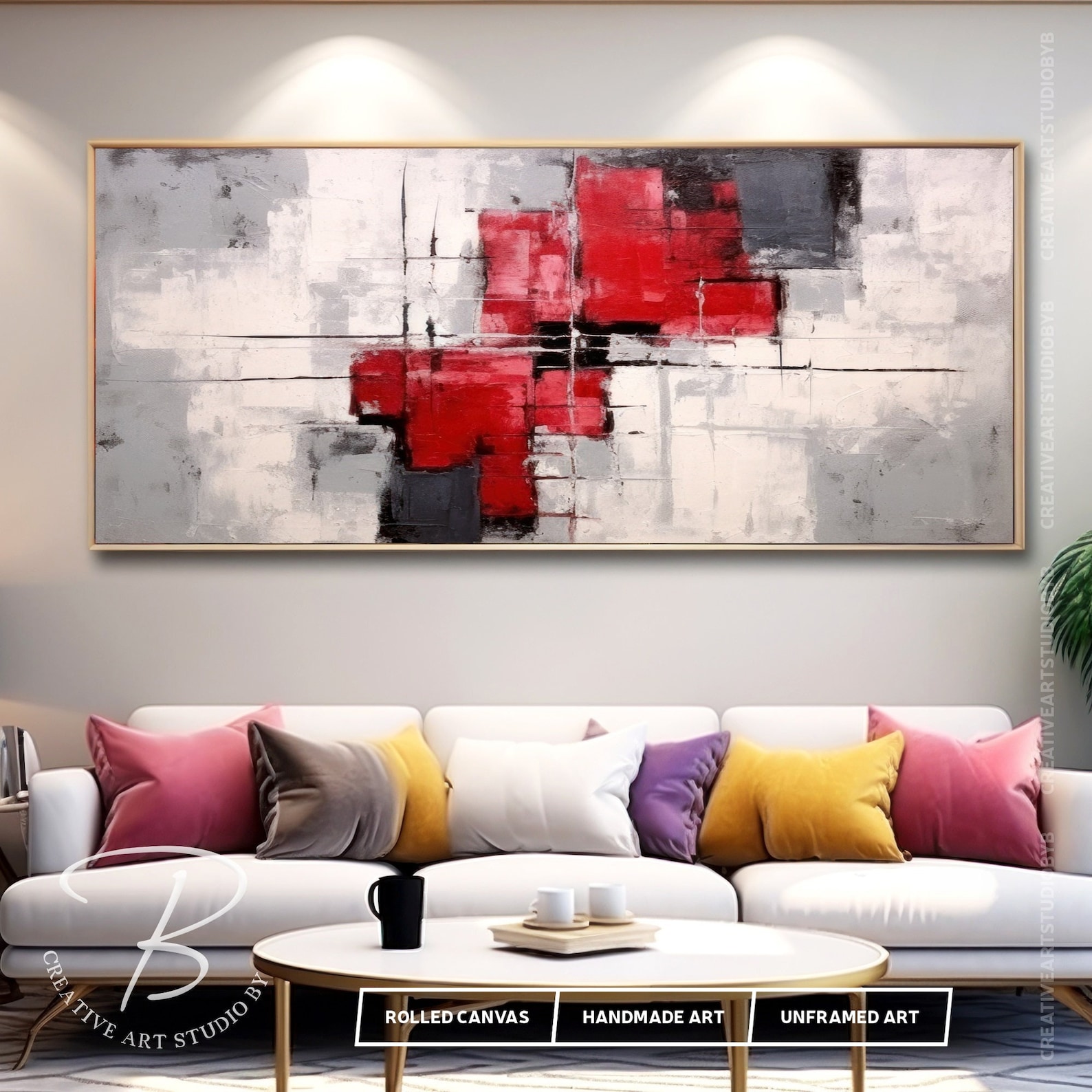 Original Handmade Red & Gray Abstract Wall Art, Modern Red Textured ...