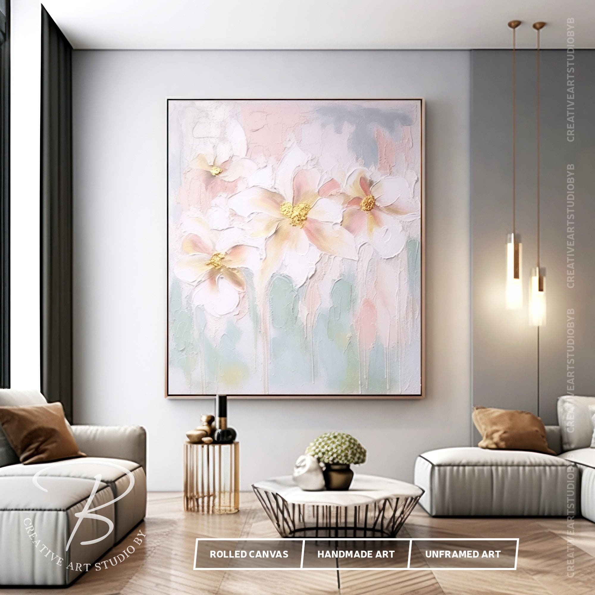 Handmade Flower Painting, Pink & Grey With Gold Highlights Artwork, 3D ...