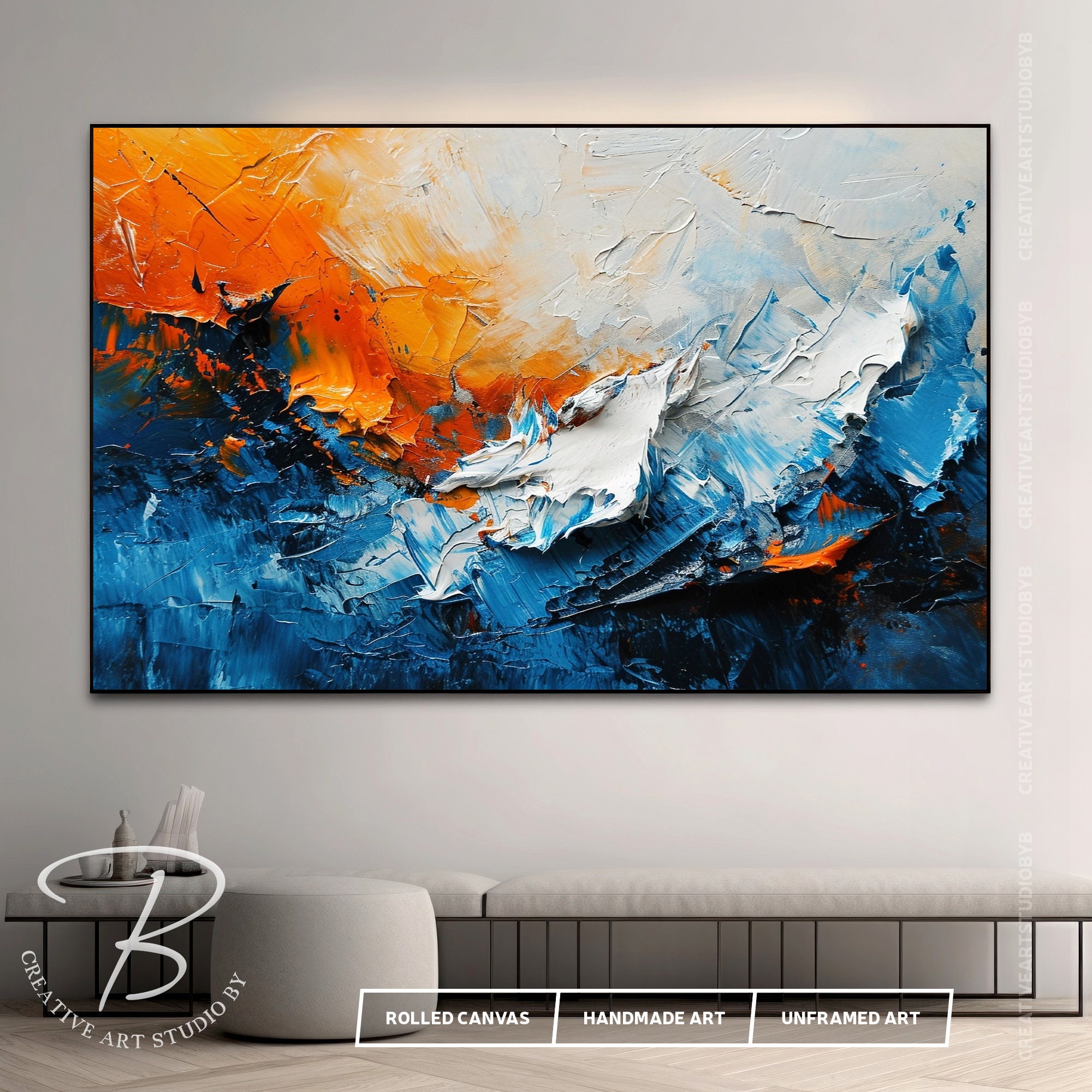 Modern Dynamic Painting for Luxury Room, Oversized Orange & Blue Canvas ...