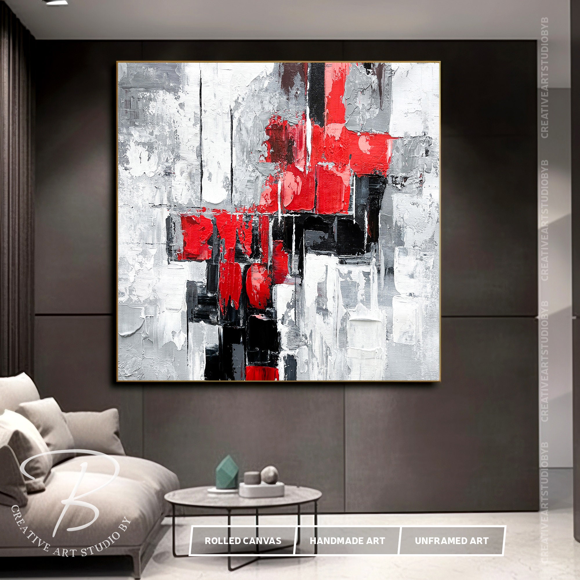 Extra Large Red & Black Blocks Artwork on Canvas, Unique Modern ...