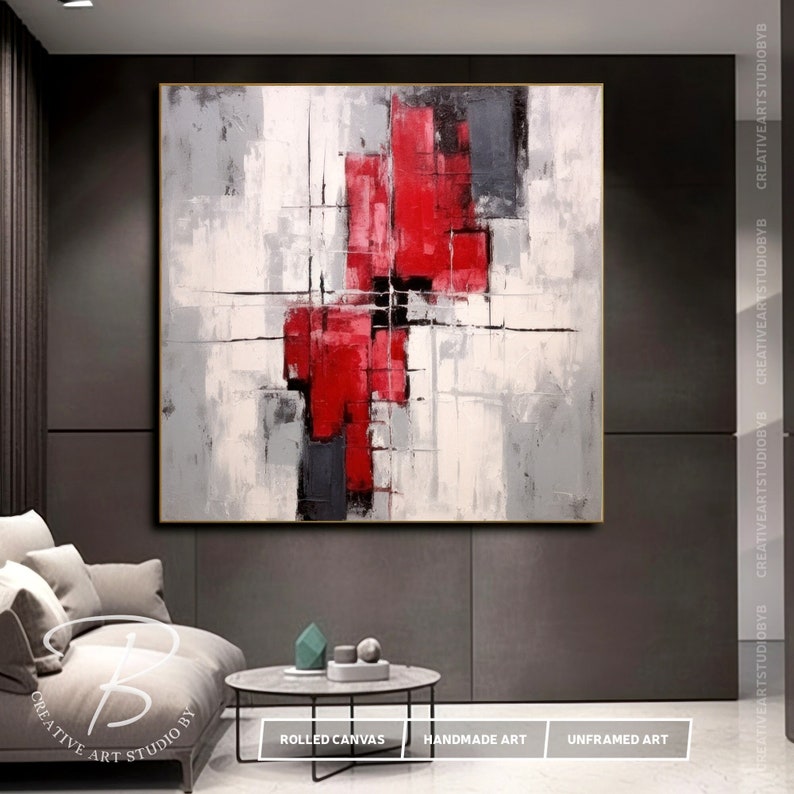 Original Handmade Red & Gray Abstract Wall Art, Modern Red Textured ...