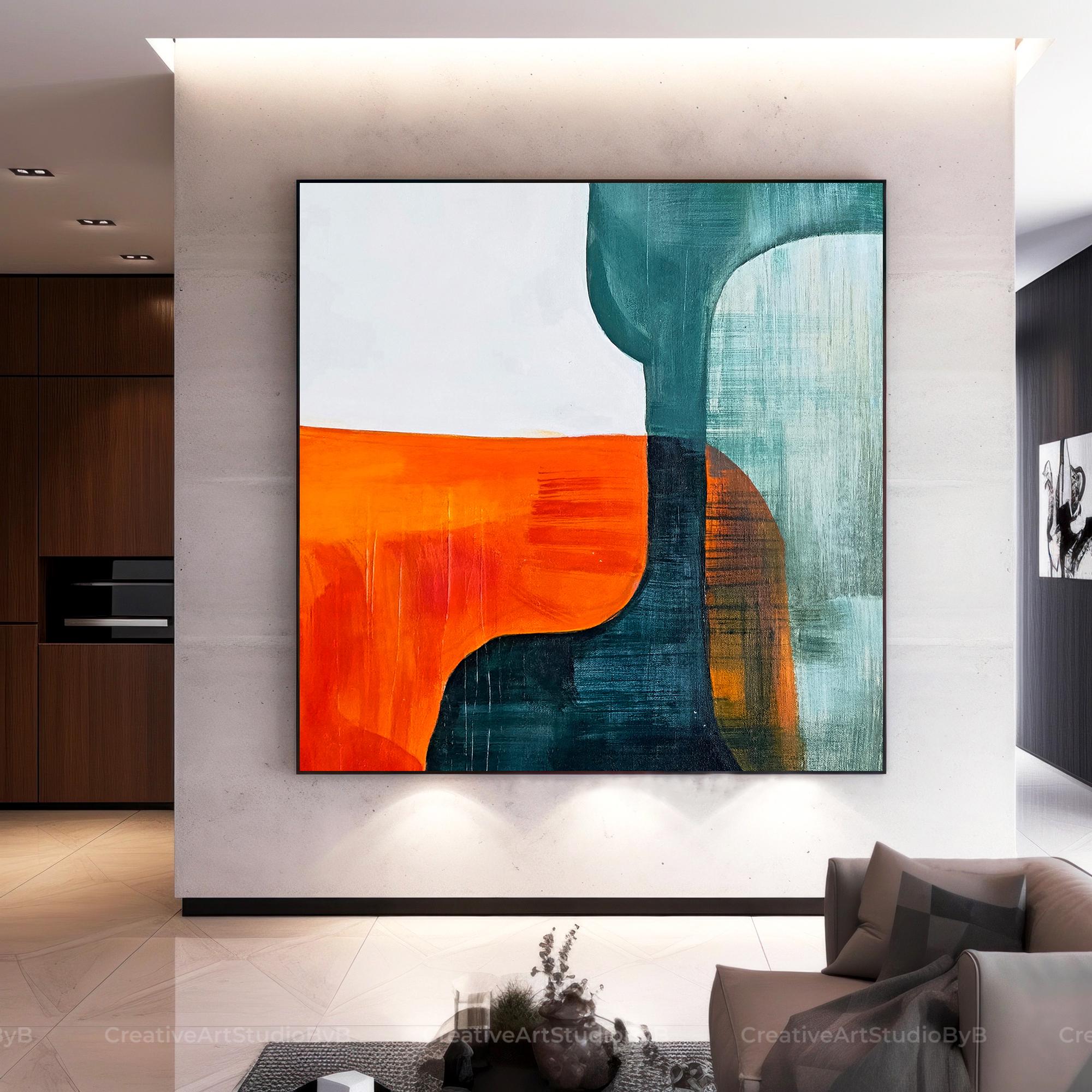 Teal and Orange Abstract Wall Art, Modern Geometric Canvas Painting ...