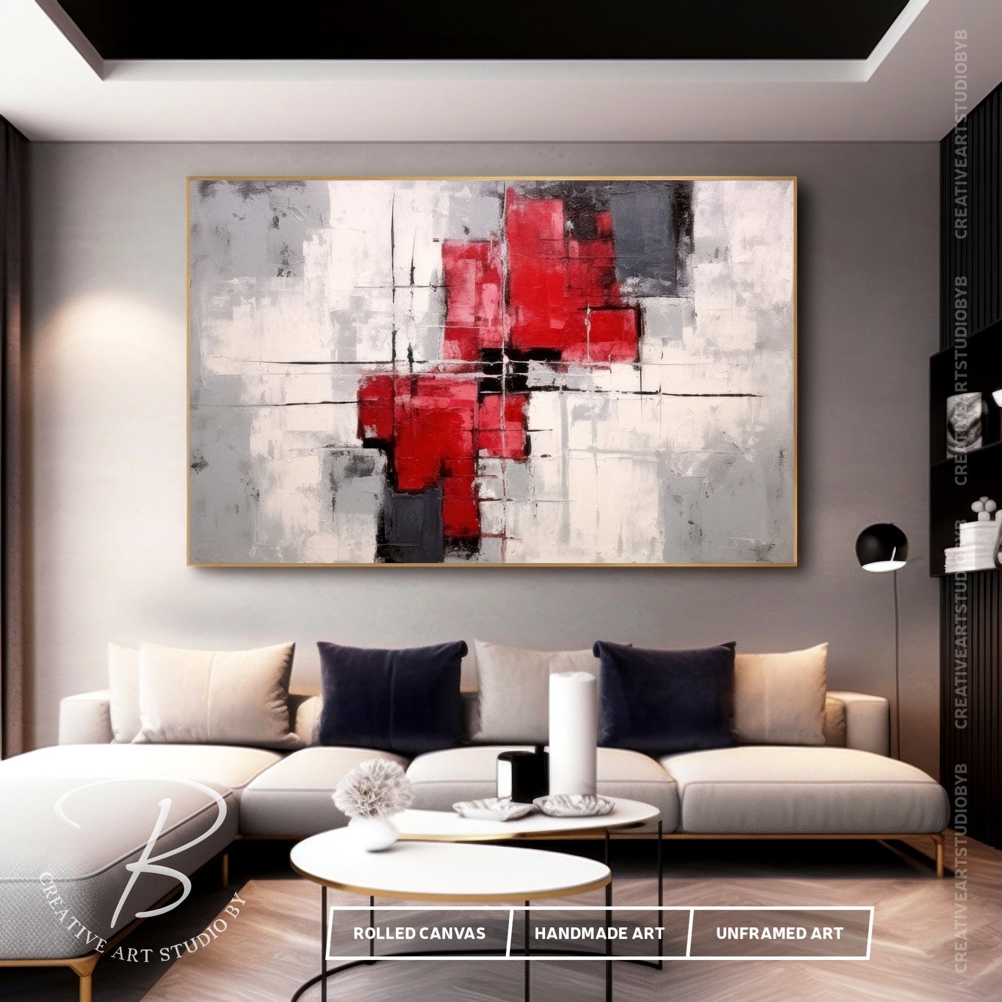 Original Handmade Red & Gray Abstract Wall Art, Modern Red Textured ...