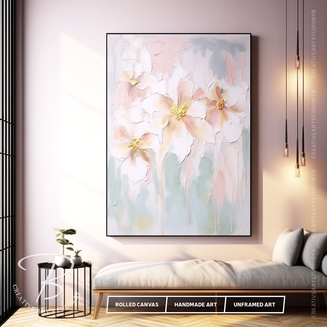 Handmade Flower Painting, Pink & Grey With Gold Highlights Artwork, 3D ...