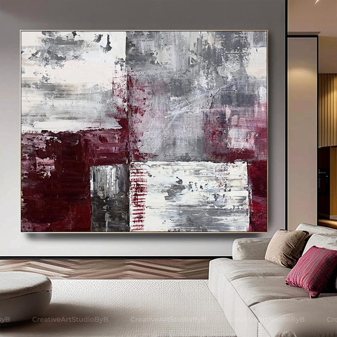 Grey and Burgundy Abstract Wall Art for Sale, Large Textured Painting ...