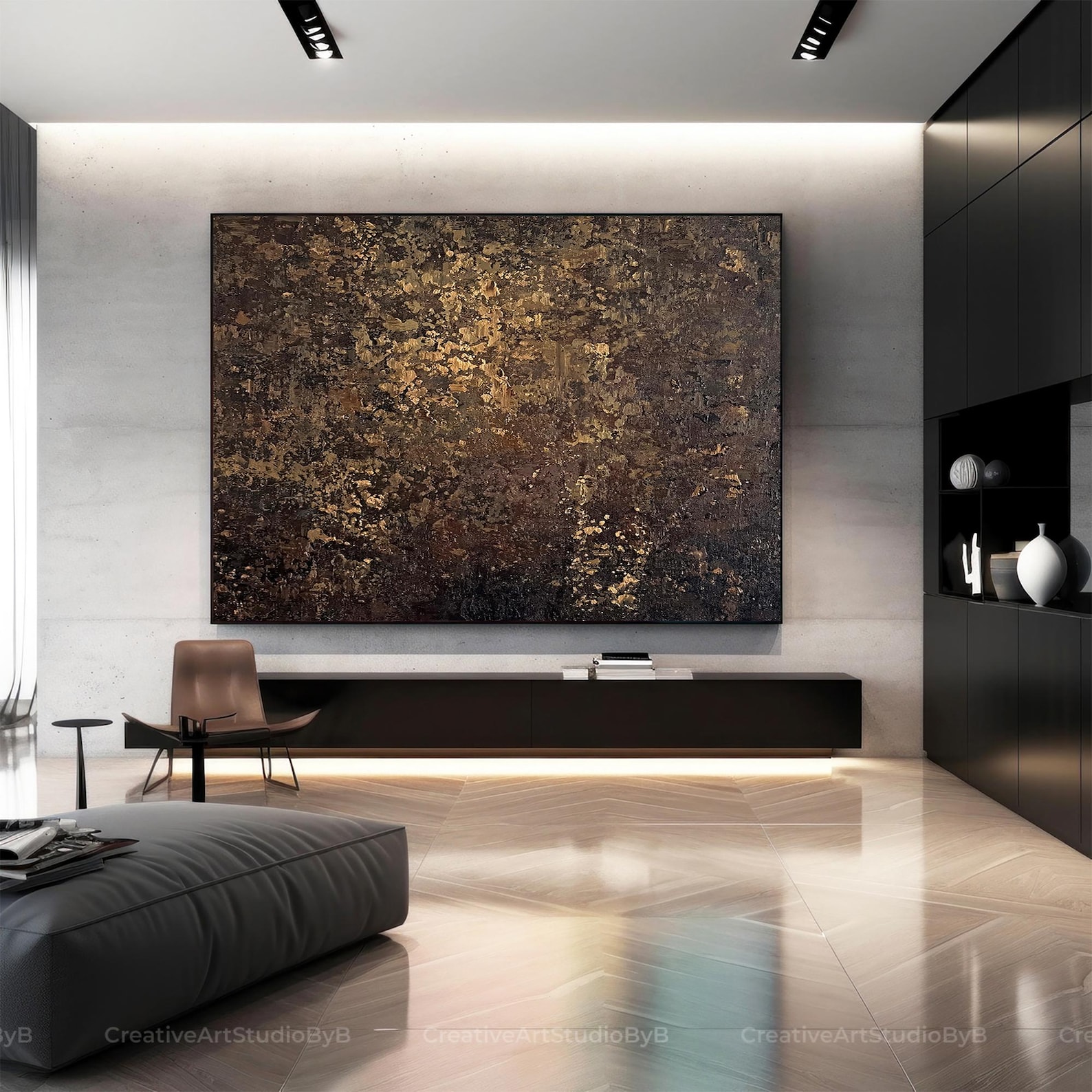 Dark Brown Textured Abstract Painting for Sale, Large Wall Art, Gold ...