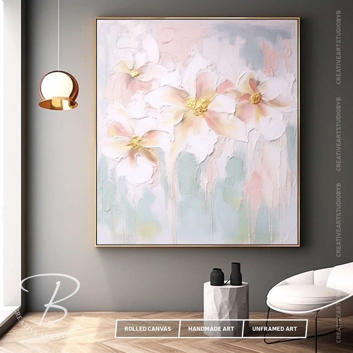 Handmade Flower Painting, Pink & Grey With Gold Highlights Artwork, 3D ...