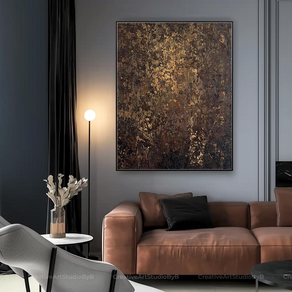 Dark Brown Textured Abstract Painting for Sale, Large Wall Art, Gold ...