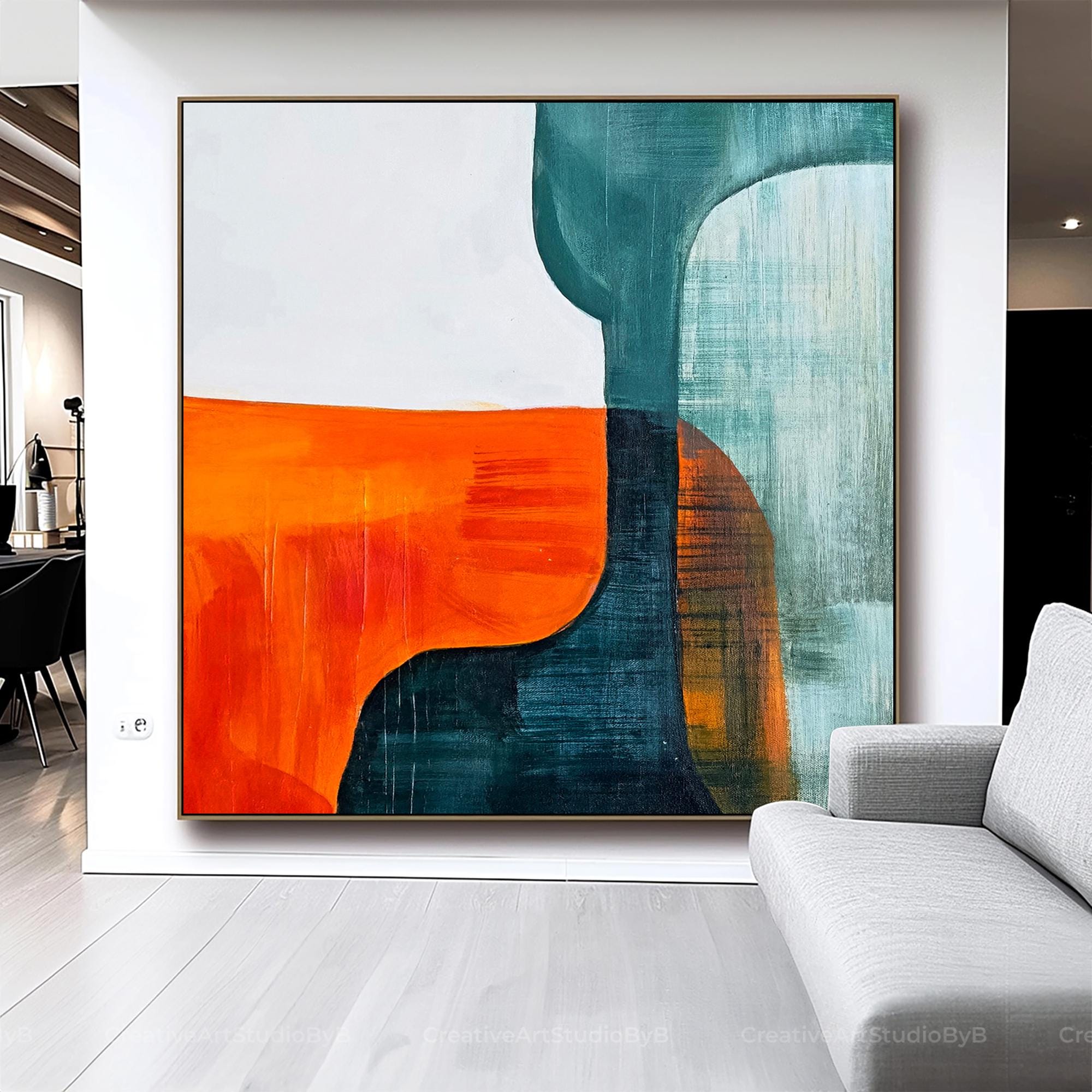 Teal and Orange Abstract Wall Art, Modern Geometric Canvas Painting ...