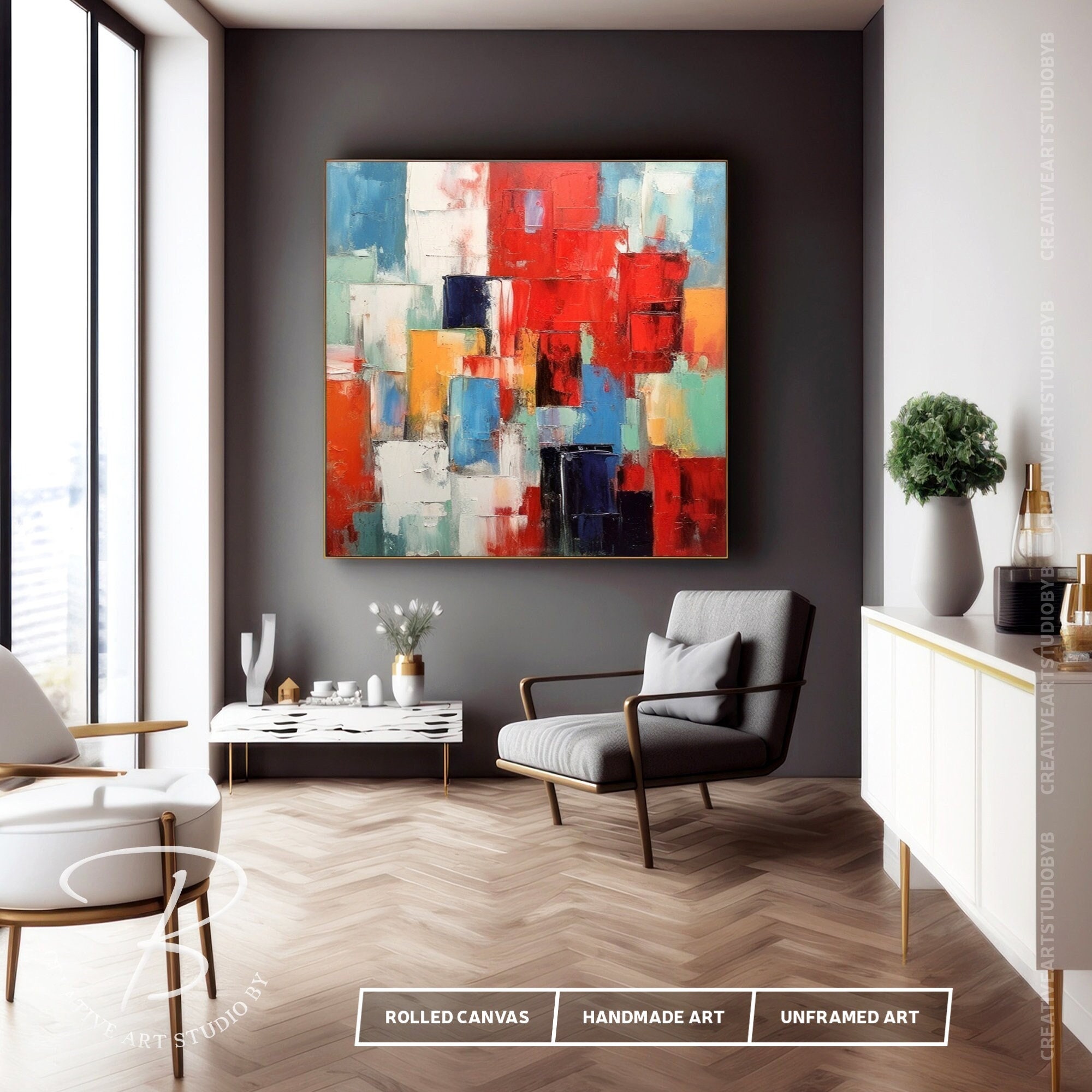 Extra Large Modern Abstract Art Red Blue, Fancy Palette Knife Stroke ...