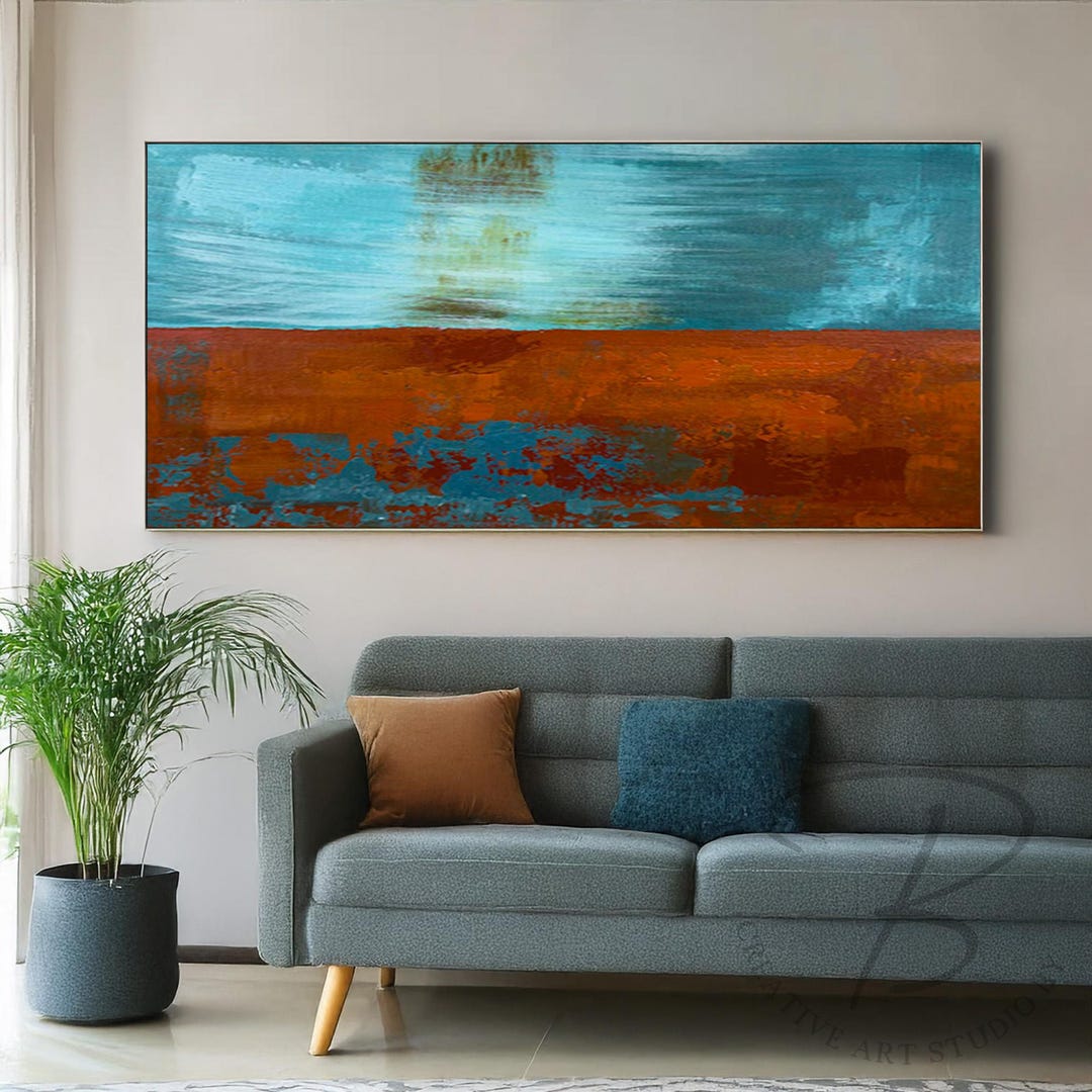 Teal Rust Abstract Painting, Original Textured Horizon Art, Modern Wall ...