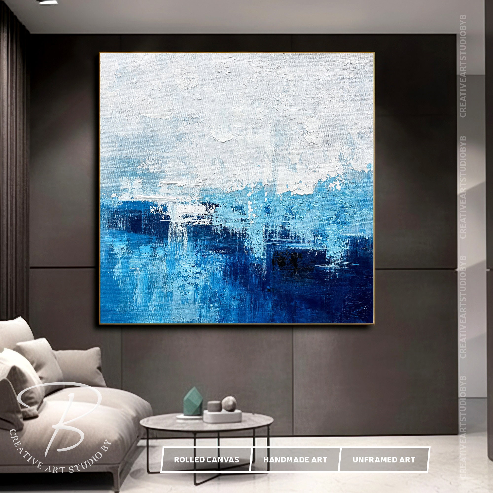 Modern Hand-painted Dark Blue Abstract Wall Art, Oversized Minimalist ...