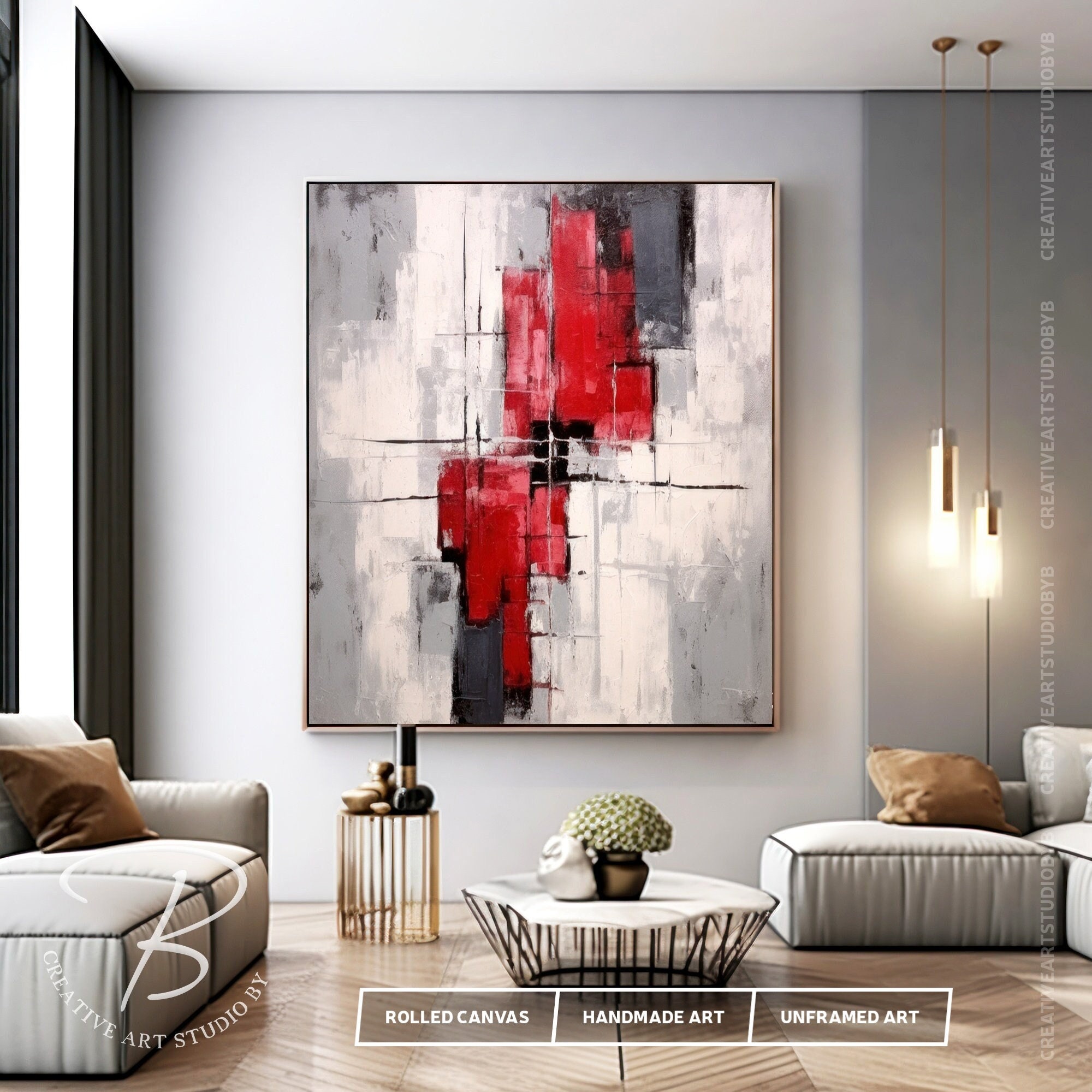 Original Handmade Red & Gray Abstract Wall Art, Modern Red Textured ...