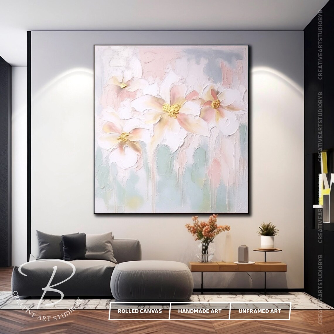 Handmade Flower Painting, Pink & Grey With Gold Highlights Artwork, 3D ...
