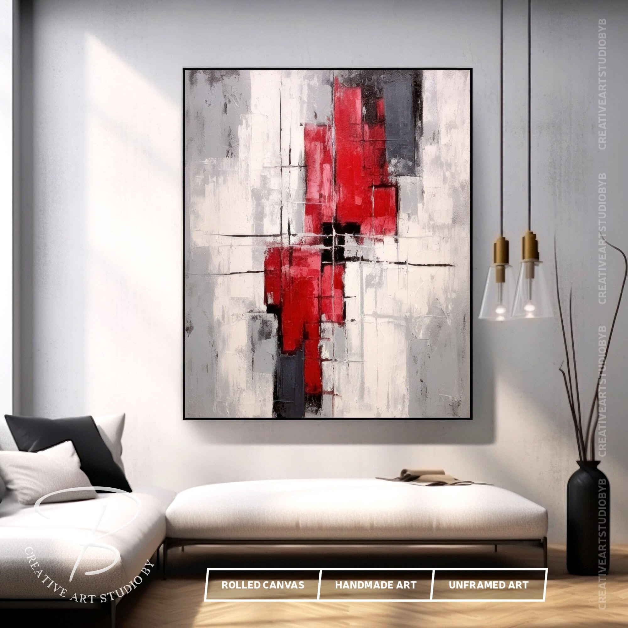 Original Handmade Red & Gray Abstract Wall Art, Modern Red Textured ...