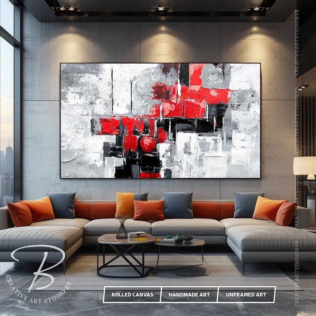 Extra Large Red & Black Blocks Artwork on Canvas, Unique Modern ...