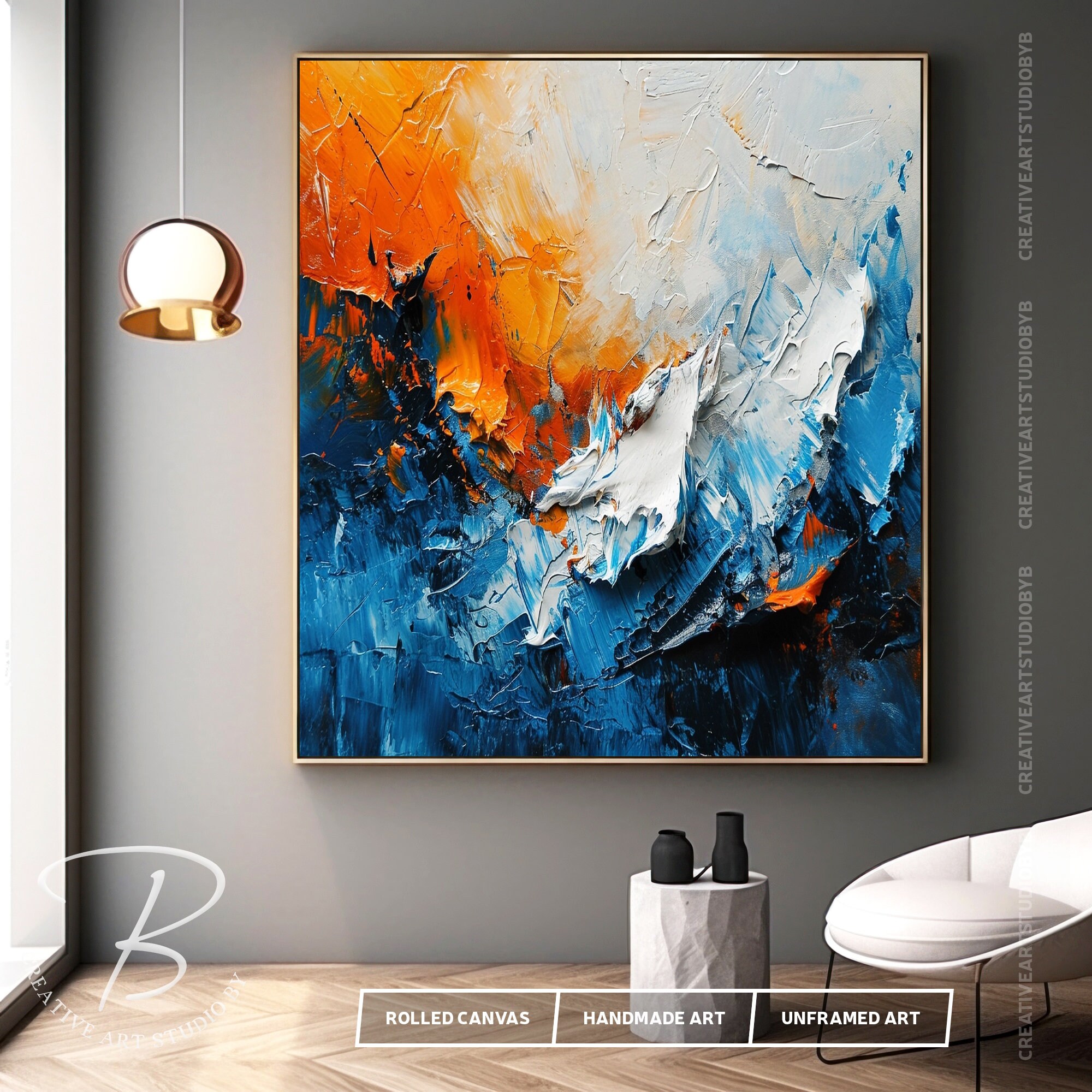 Modern Dynamic Painting for Luxury Room, Oversized Orange & Blue Canvas ...