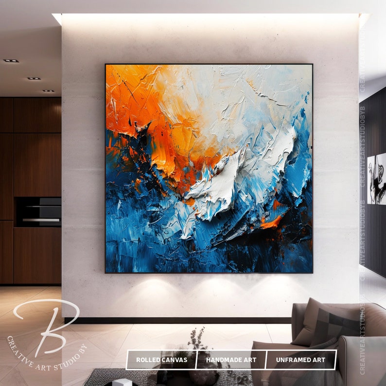 Modern Dynamic Painting for Luxury Room, Oversized Orange & Blue Canvas ...