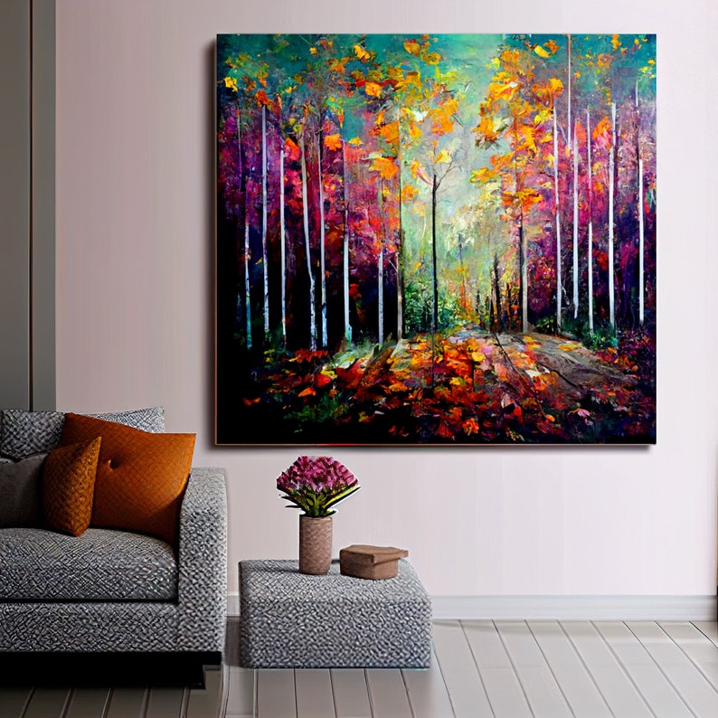 Extra Large Original Colorful Forest Painting on Canvas, Abstract ...