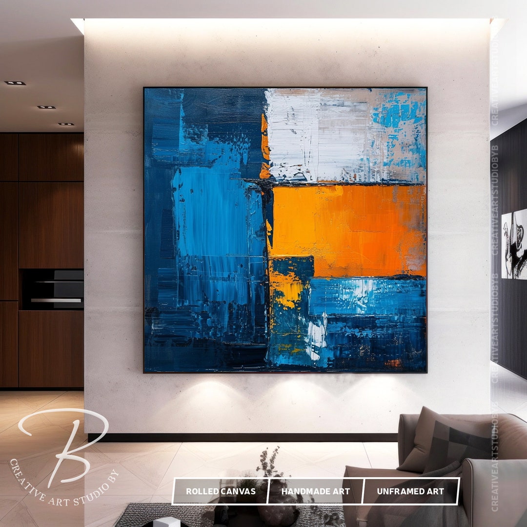 Professional Abstract Art Blue & Orange, Oversized Handmade Blue Canvas ...