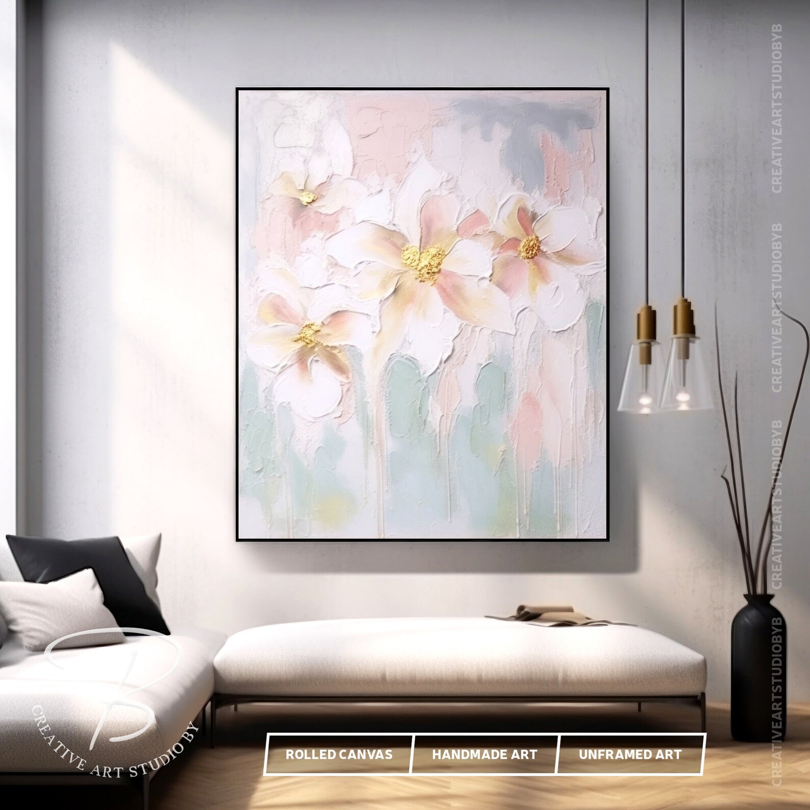 Handmade Flower Painting, Pink & Grey With Gold Highlights Artwork, 3D ...