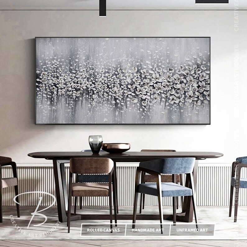 Large Blossom Floral Wall Painting, Blooming White Cherry Abstract Art ...