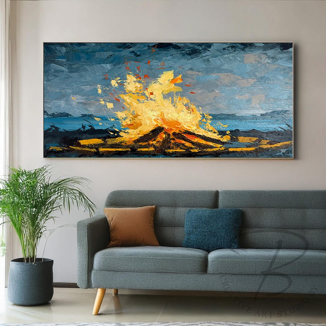 Blue Gold Campfire Painting, Original Textured Acrylic Art, Impasto ...