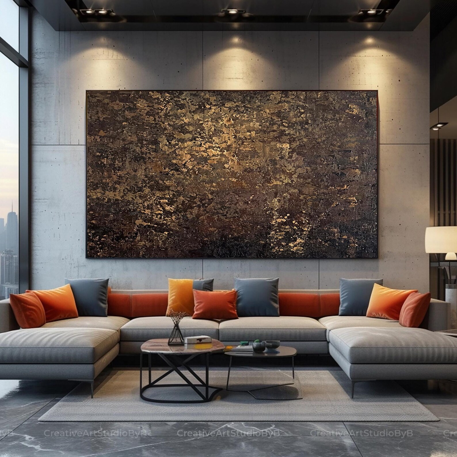 Dark Brown Textured Abstract Painting for Sale, Large Wall Art, Gold ...