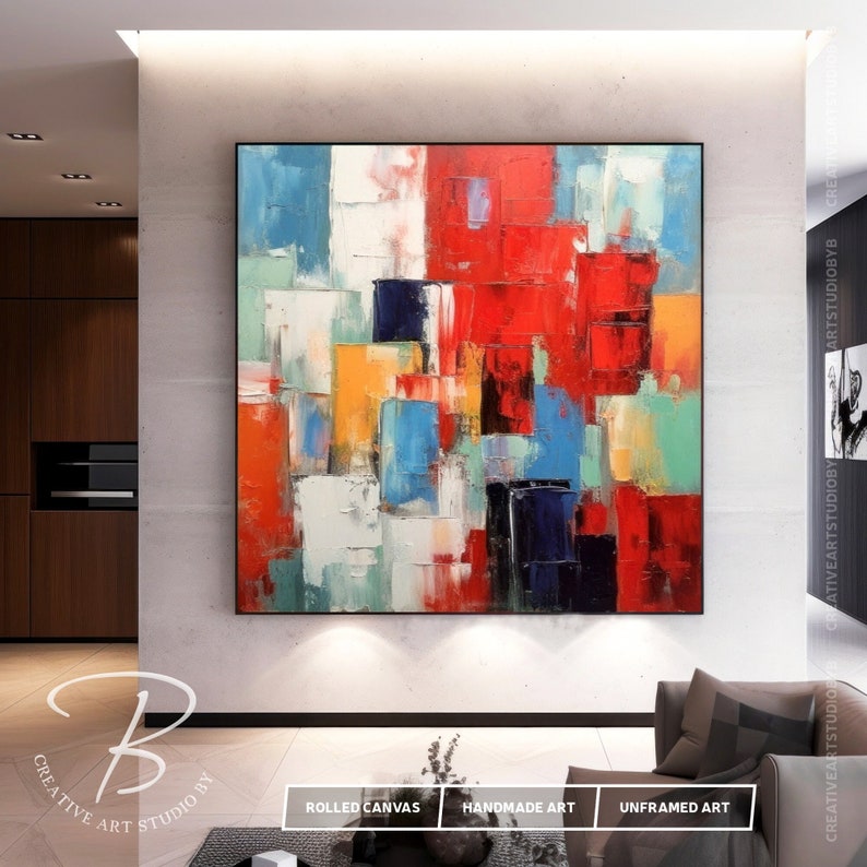 Extra Large Modern Abstract Art Red Blue, Fancy Palette Knife Stroke ...