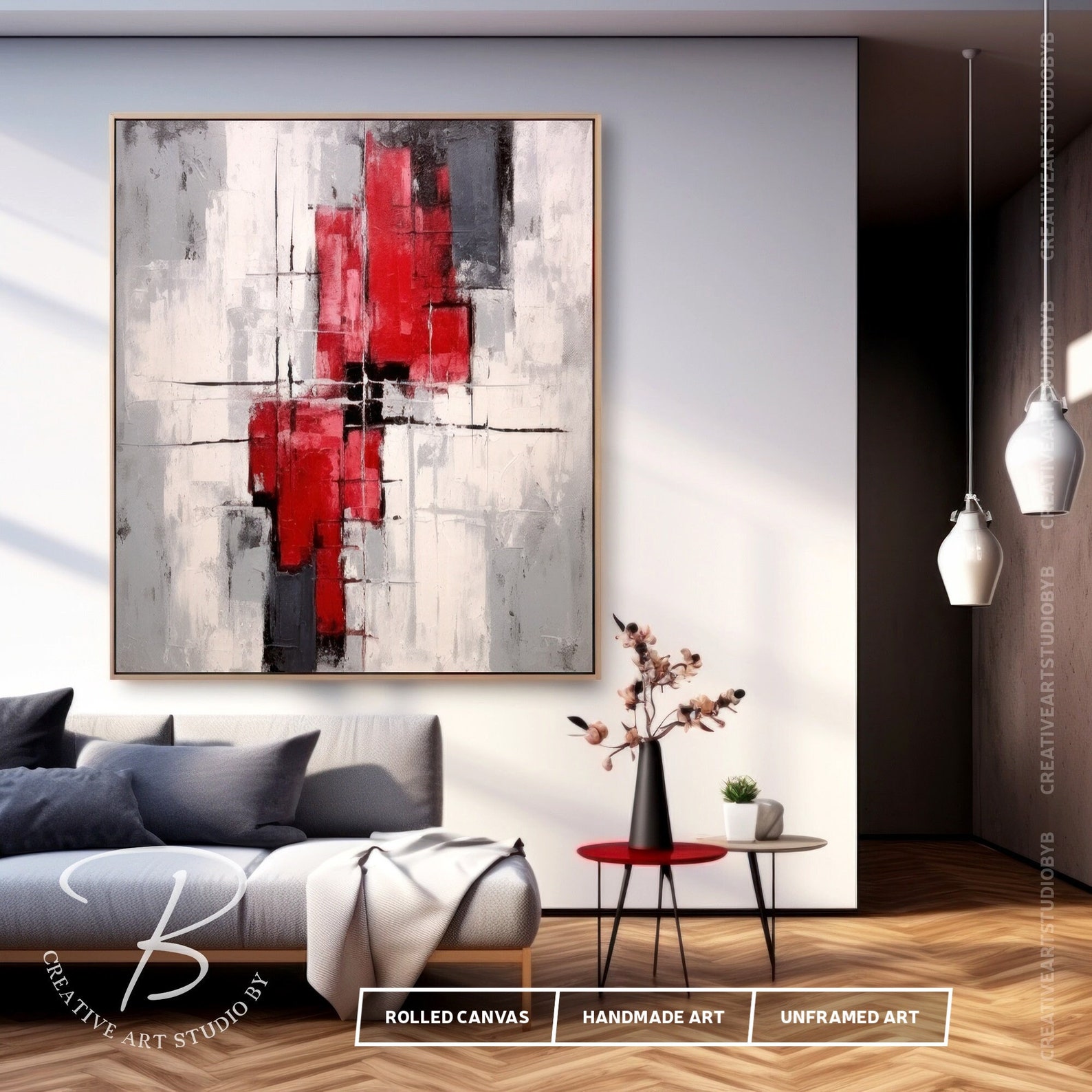 Original Handmade Red & Gray Abstract Wall Art, Modern Red Textured ...