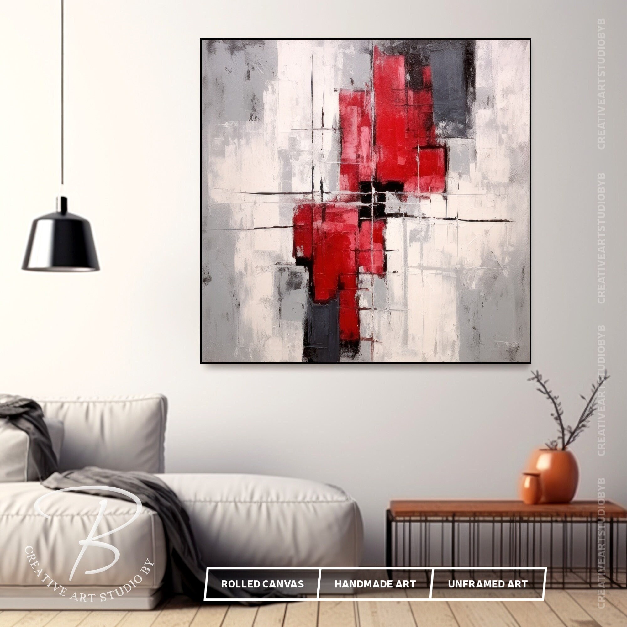 Original Handmade Red & Gray Abstract Wall Art, Modern Red Textured ...