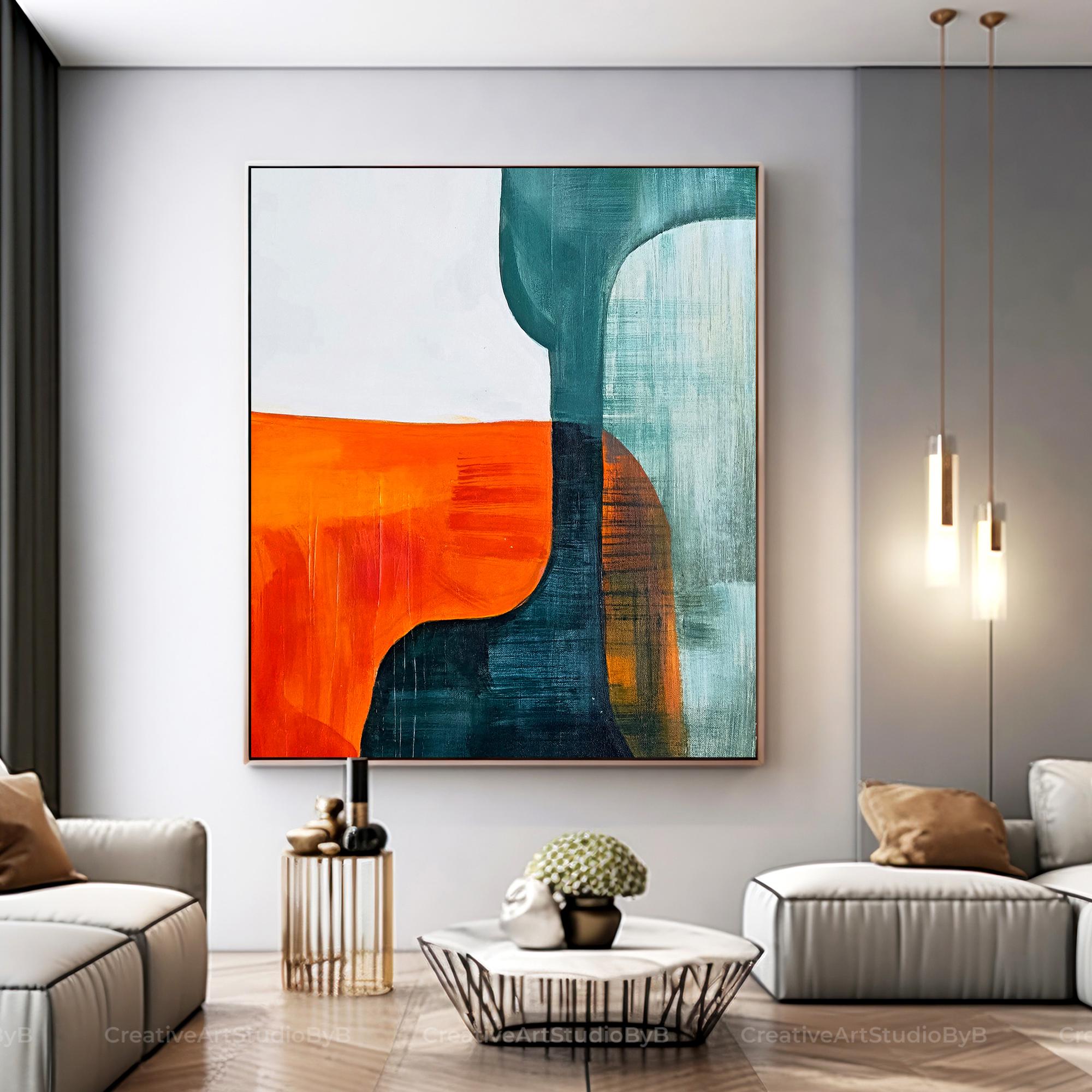 Teal and Orange Abstract Wall Art, Modern Geometric Canvas Painting ...