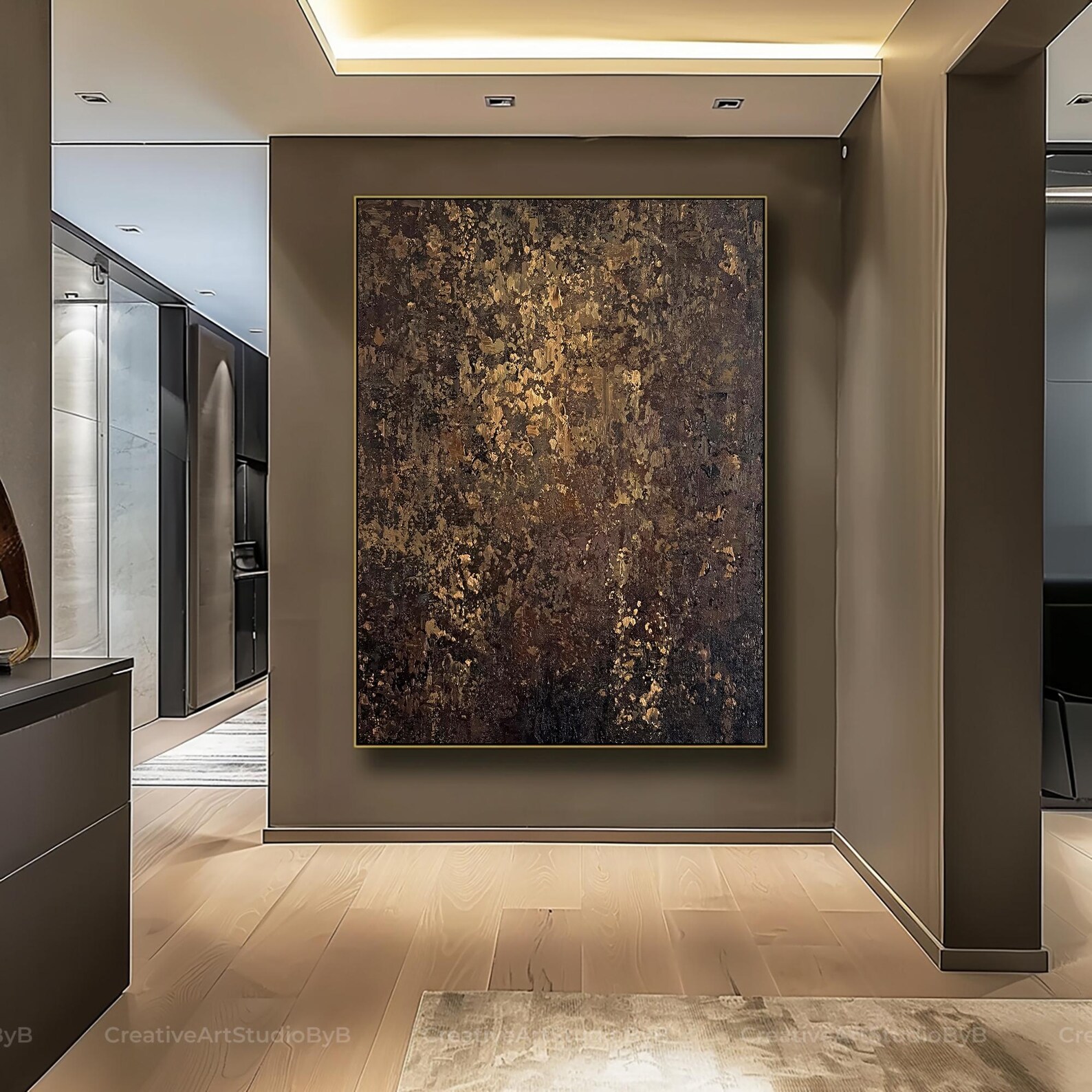 Dark Brown Textured Abstract Painting for Sale, Large Wall Art, Gold ...