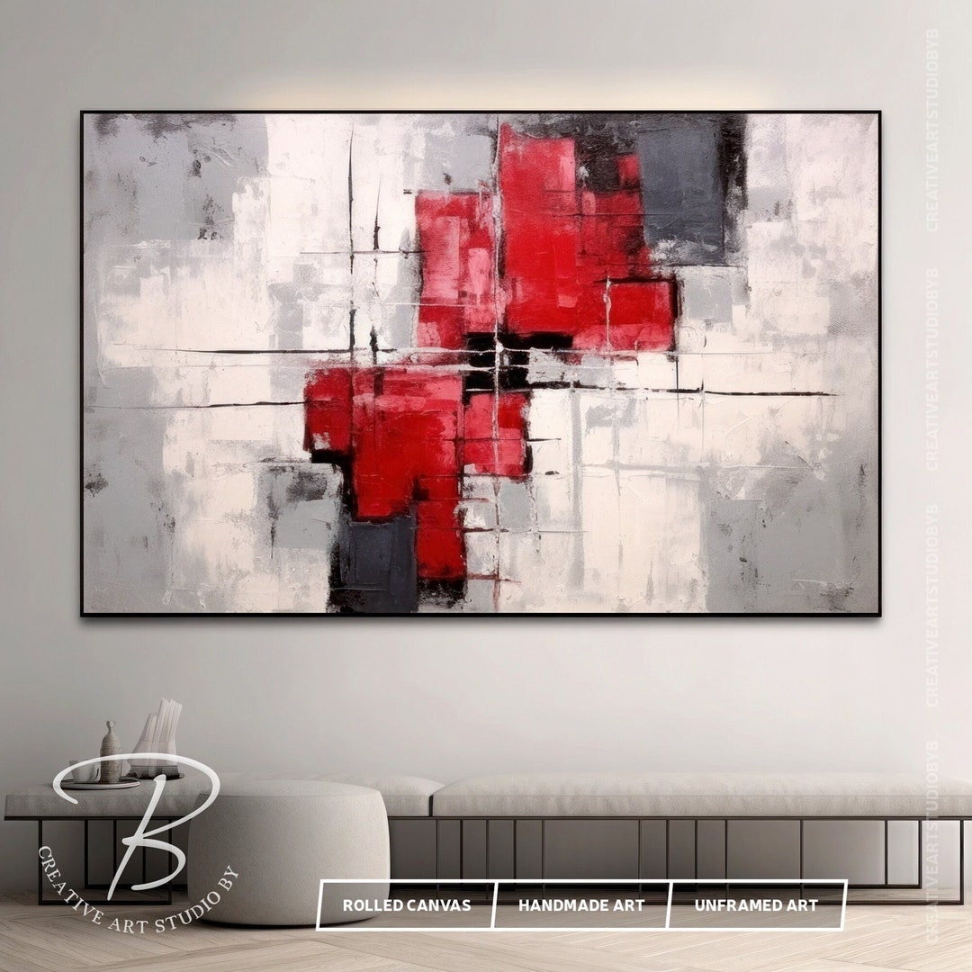 Original Handmade Red & Gray Abstract Wall Art, Modern Red Textured ...