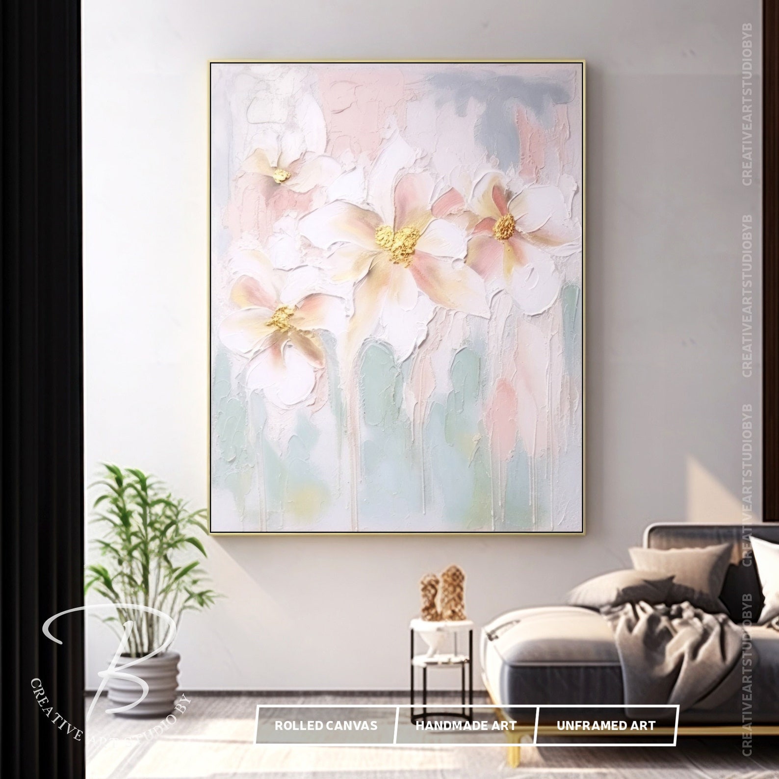 Handmade Flower Painting, Pink & Grey With Gold Highlights Artwork, 3D ...