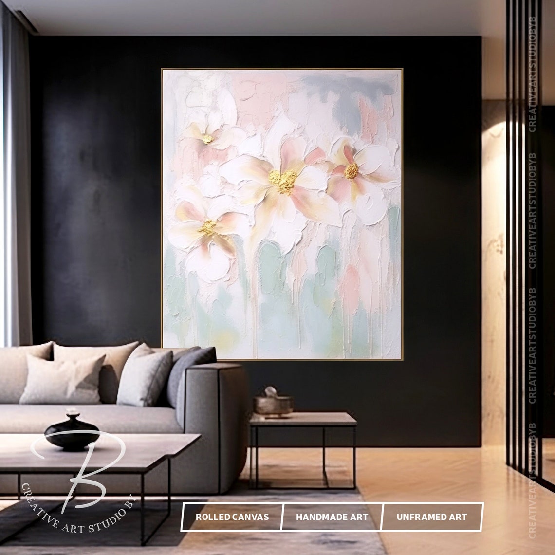 Handmade Flower Painting, Pink & Grey With Gold Highlights Artwork, 3D ...