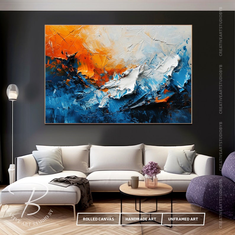 Modern Dynamic Painting for Luxury Room, Oversized Orange & Blue Canvas ...