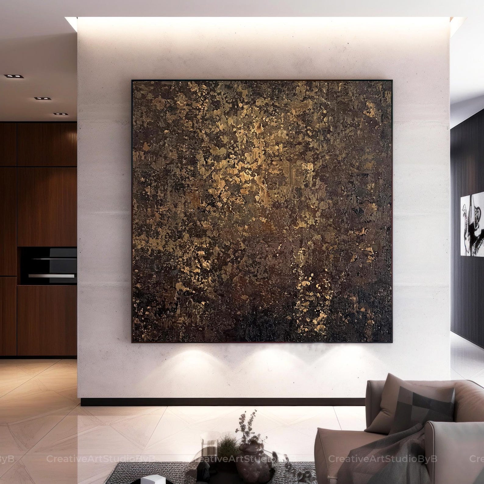 Dark Brown Textured Abstract Painting for Sale, Large Wall Art, Gold ...
