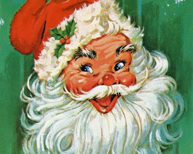 Vintage Christmas Card Jolly Winking Santa With Beautiful Beard Holly ...