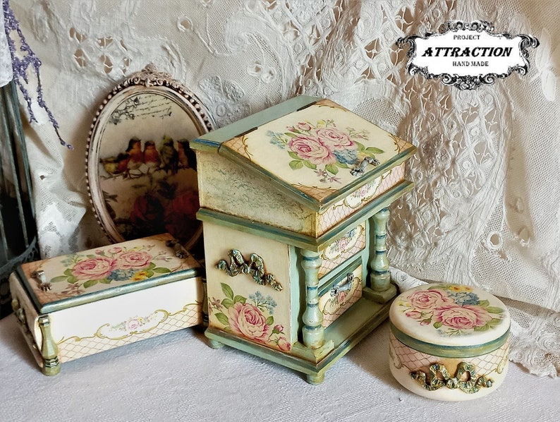 Unique Handmade Wooden Decoupage Jewelry Box/set/ Richly Decorated in ...