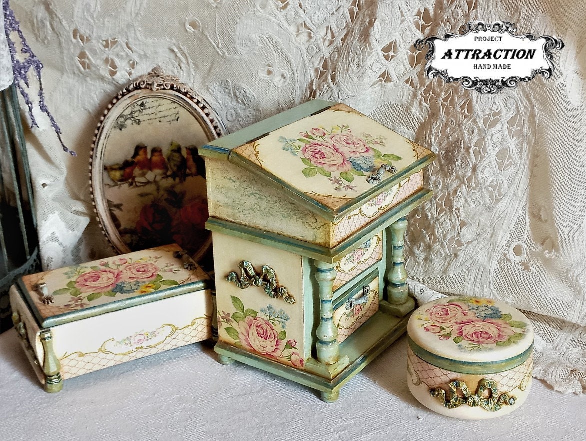 Unique Handmade Wooden Decoupage Jewelry Box/set/ Richly Decorated in ...