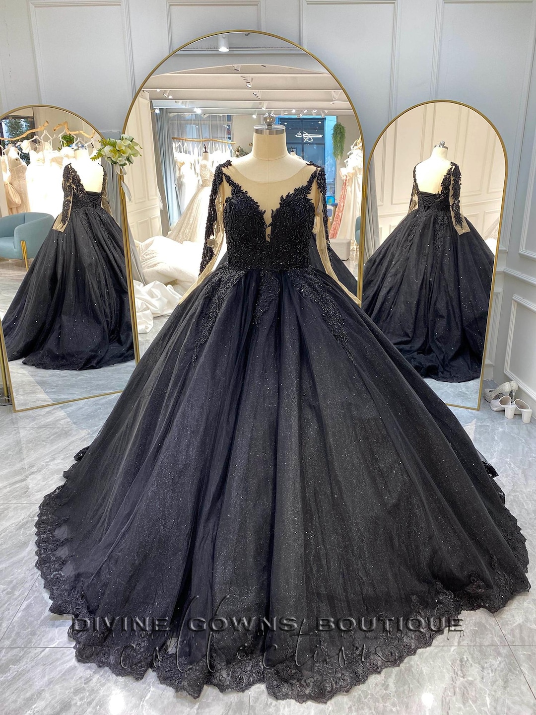 Luxury Black Gothic Ball Gown Beaded Corset Wedding Dress,black Sparkle ...