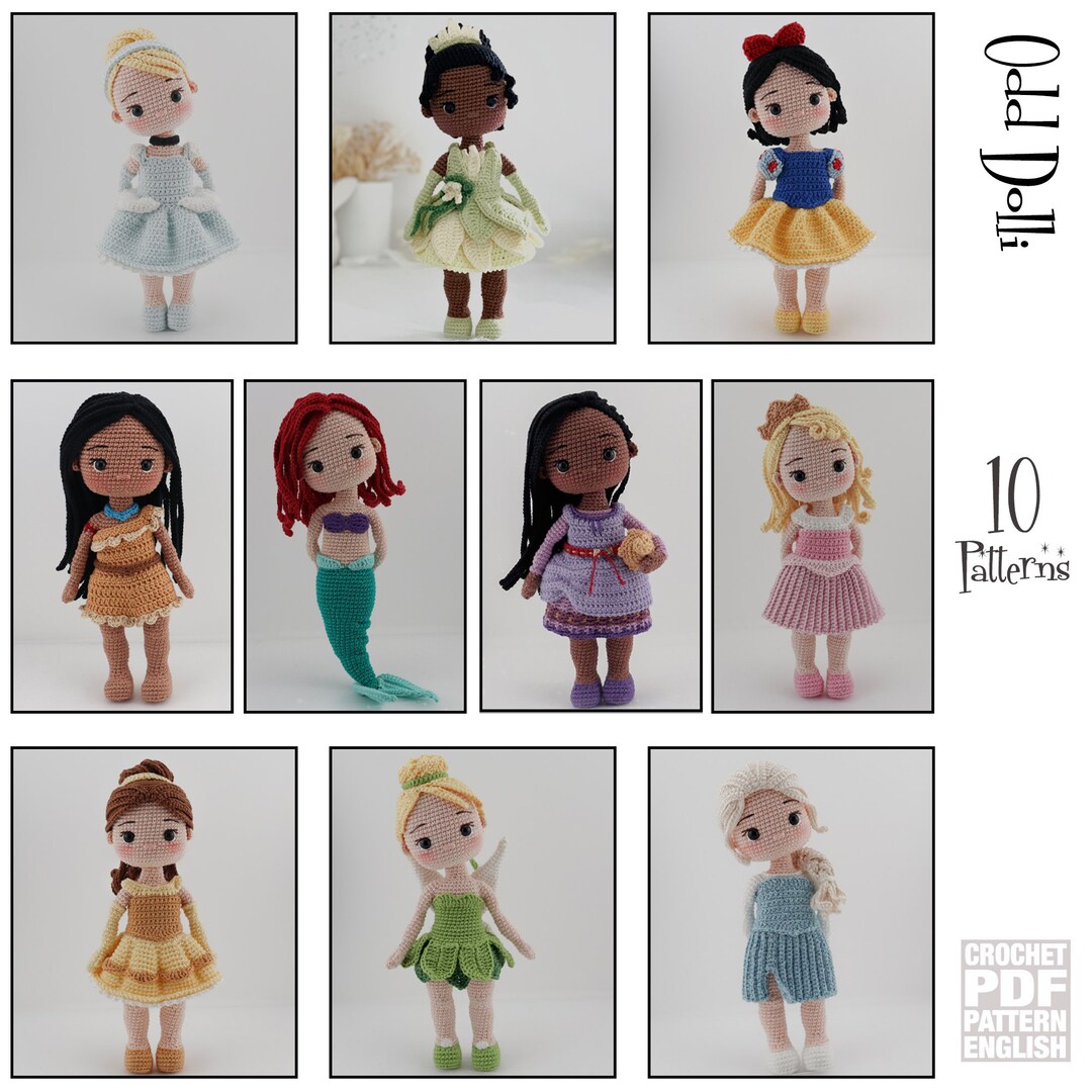 10 English PDF Crochet Princess Patterns American Terms Elsa Ariel Asha ...