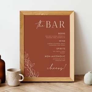Small Burnt Orange Wedding Bar Menu Sign Printable Template, Modern Bar ...