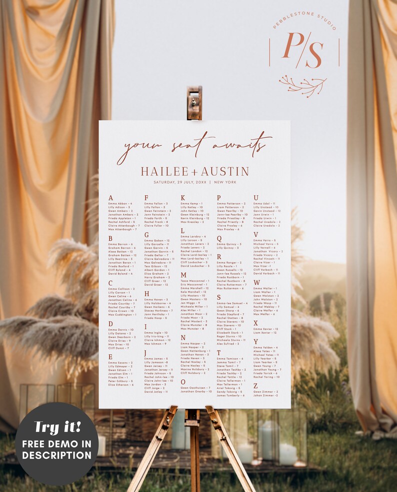 Large Alphabetic Seating Chart Sign Template for Modern - Etsy