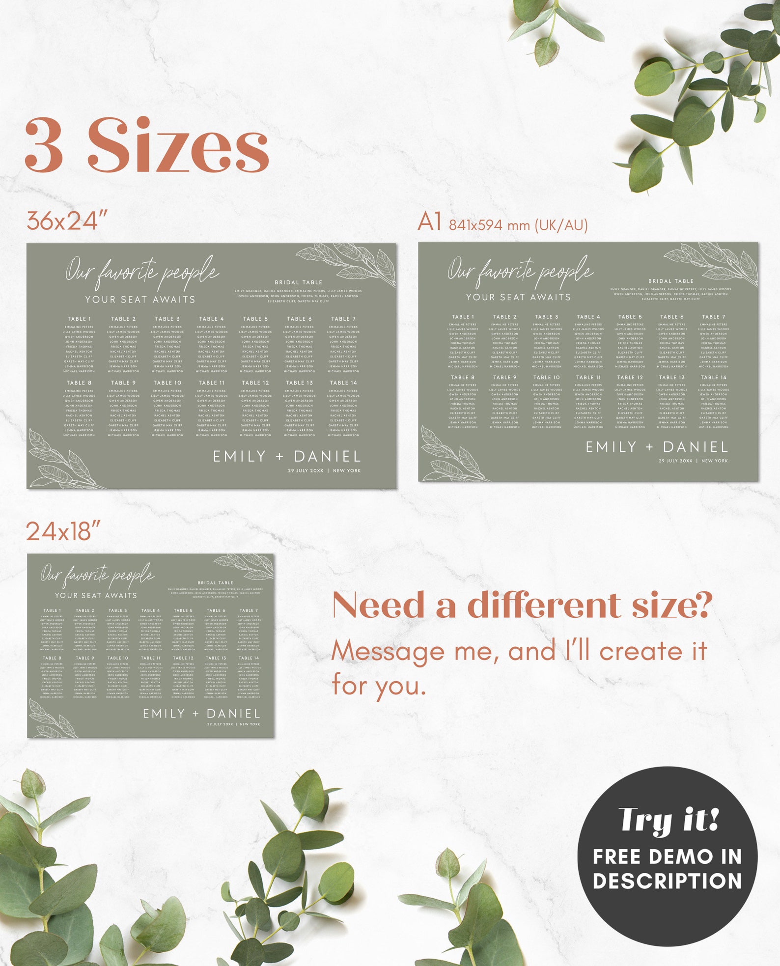 Sage Green Wedding Horizontal Seating Table Chart Sign Template, Bridal ...
