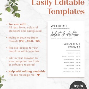 Order of Wedding Day Events Sign Template | Minimalist Wedding Timeline ...